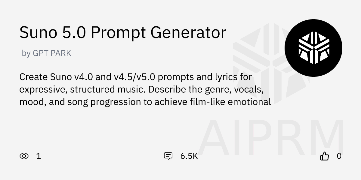 GPT "Suno 5.0 Prompt Generator" by "GPT PARK" - AIPRM for ChatGPT