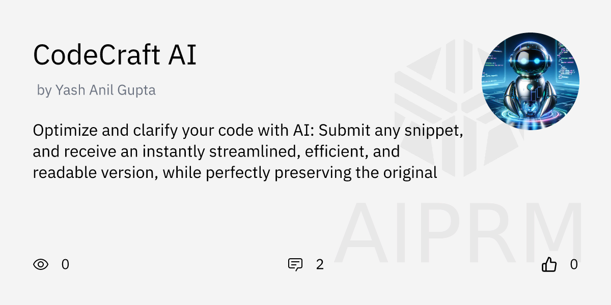 GPT "CodeCraft AI" by "Yash Anil Gupta" - AIPRM for ChatGPT