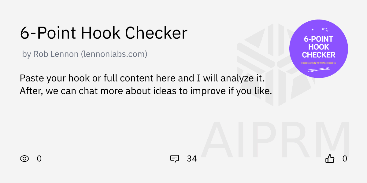 GPT "6-Point Hook Checker" by "Rob Lennon (lennonlabs.com)" - AIPRM for ...