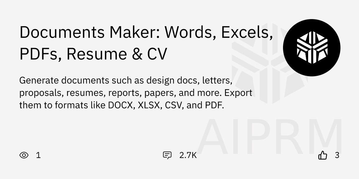 GPT "Documents Maker: Words, Excels, PDFs, Resume & CV" - AIPRM for ChatGPT