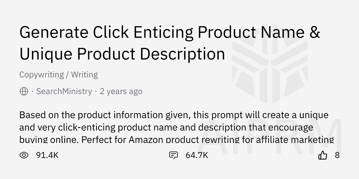 Prompt "Generate Click Enticing Product Name & Unique Product Description" by "SearchMinistry ...