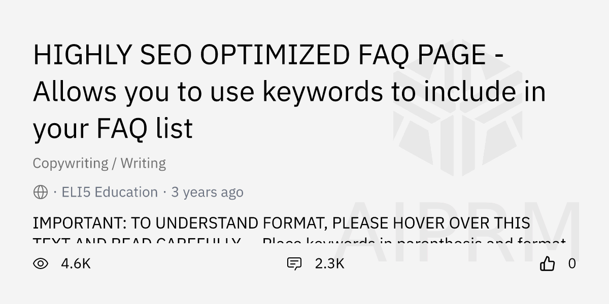 Prompt "HIGHLY SEO OPTIMIZED FAQ PAGE - Allows you to use keywords to ...