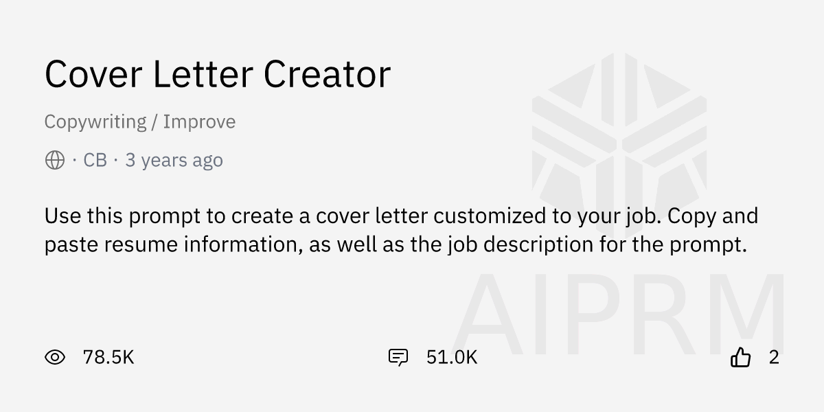 Prompt "Cover Letter Creator" by "CB" - AIPRM for ChatGPT