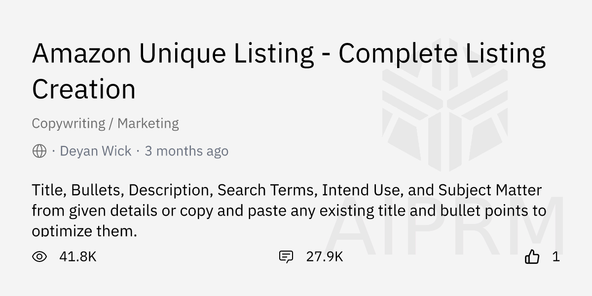 Prompt "Amazon Unique Listing - Complete Listing Creation" by "Deyan ...