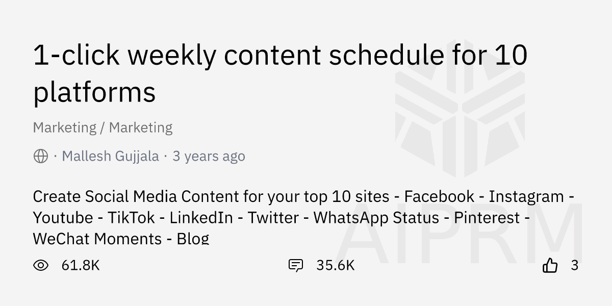 Prompt "1-click weekly content schedule for 10 platforms" by "Mallesh ...