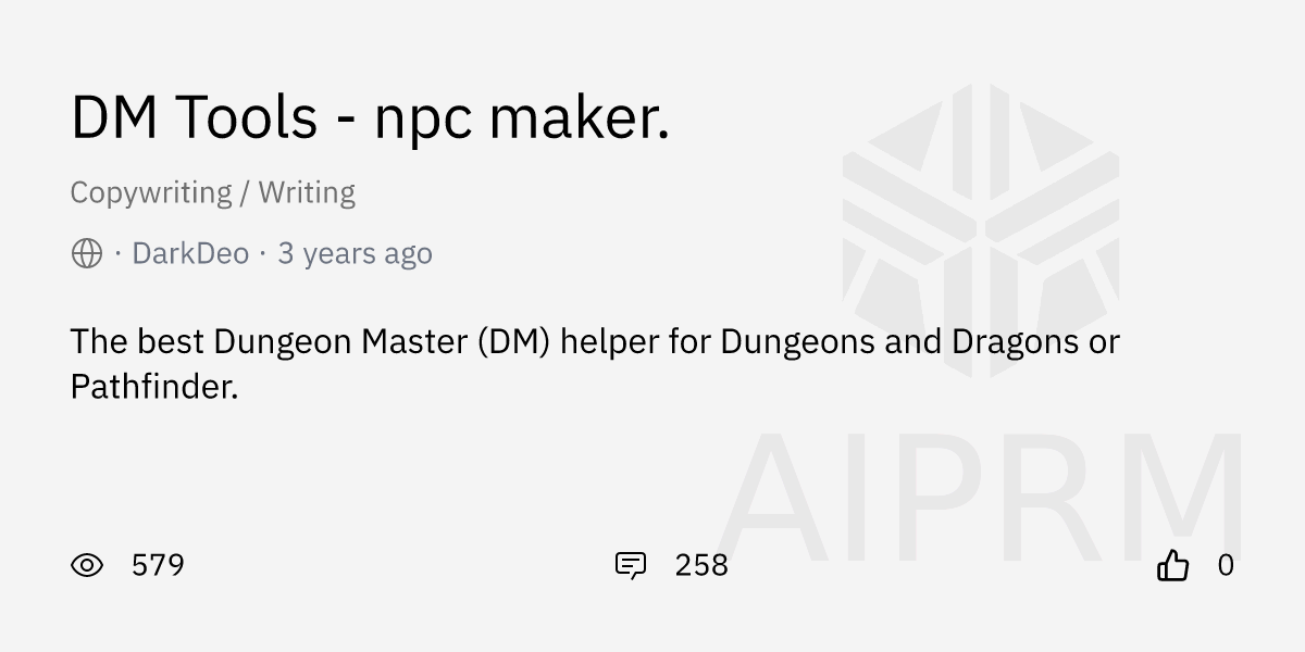 Prompt "DM Tools - npc maker." by "DarkDeo" - AIPRM for ChatGPT