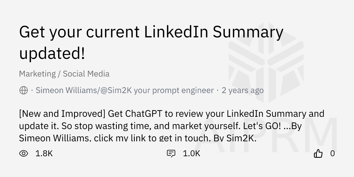 Prompt "Get your current LinkedIn Summary updated!" by "Simeon Williams ...