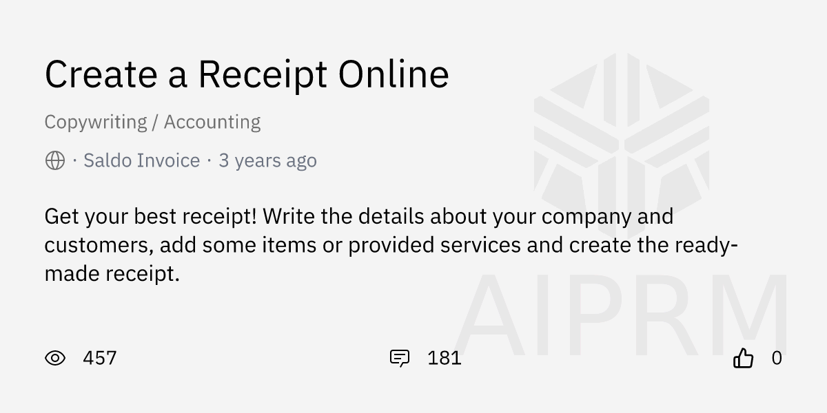 Prompt "Create a Receipt Online" by "Saldo Invoice" - AIPRM for ChatGPT