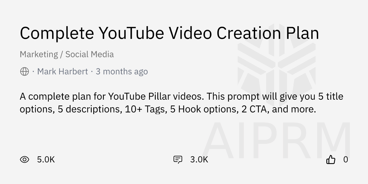 Prompt "Complete YouTube Video Creation Plan" by "Mark Harbert" - AIPRM ...