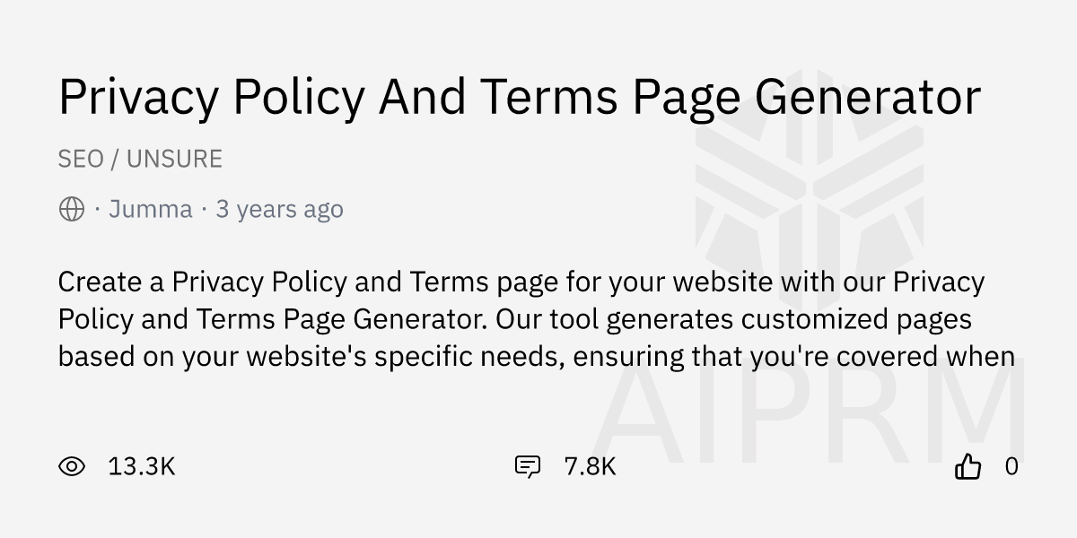 Prompt "Privacy Policy And Terms Page Generator" by "Jumma" - AIPRM for ...