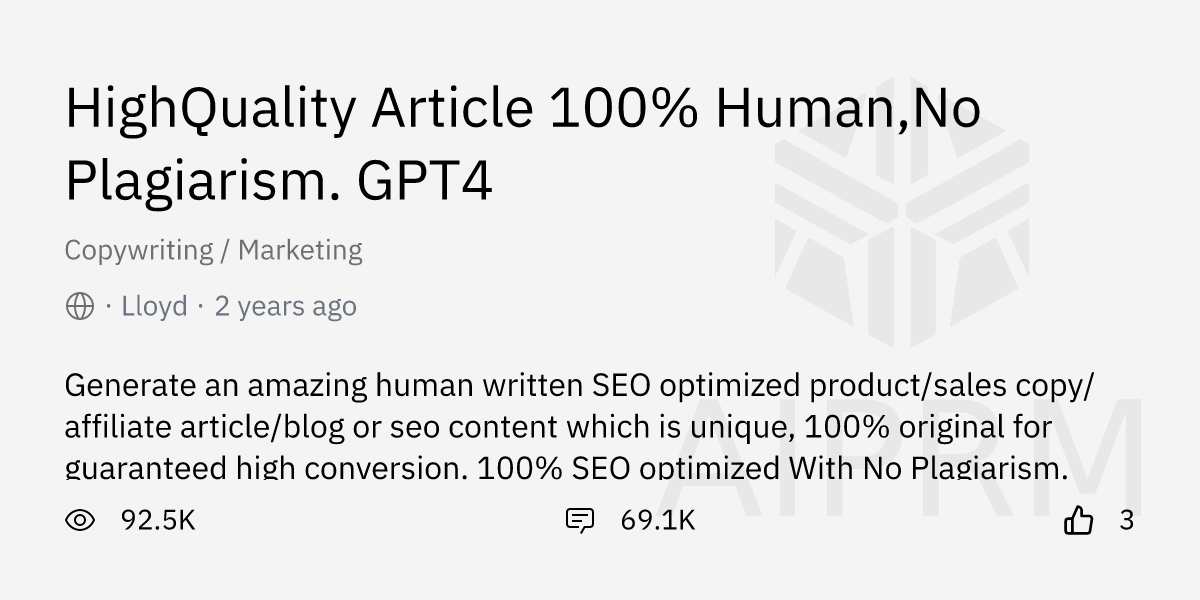 Prompt "HighQuality Article 100% Human,No Plagiarism. GPT4" by "Lloyd ...