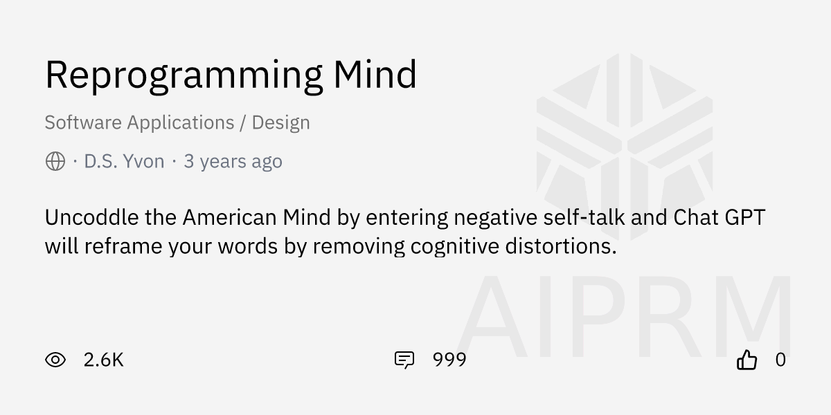 Prompt "Reprogramming Mind" by "D.S. Yvon" - AIPRM for ChatGPT