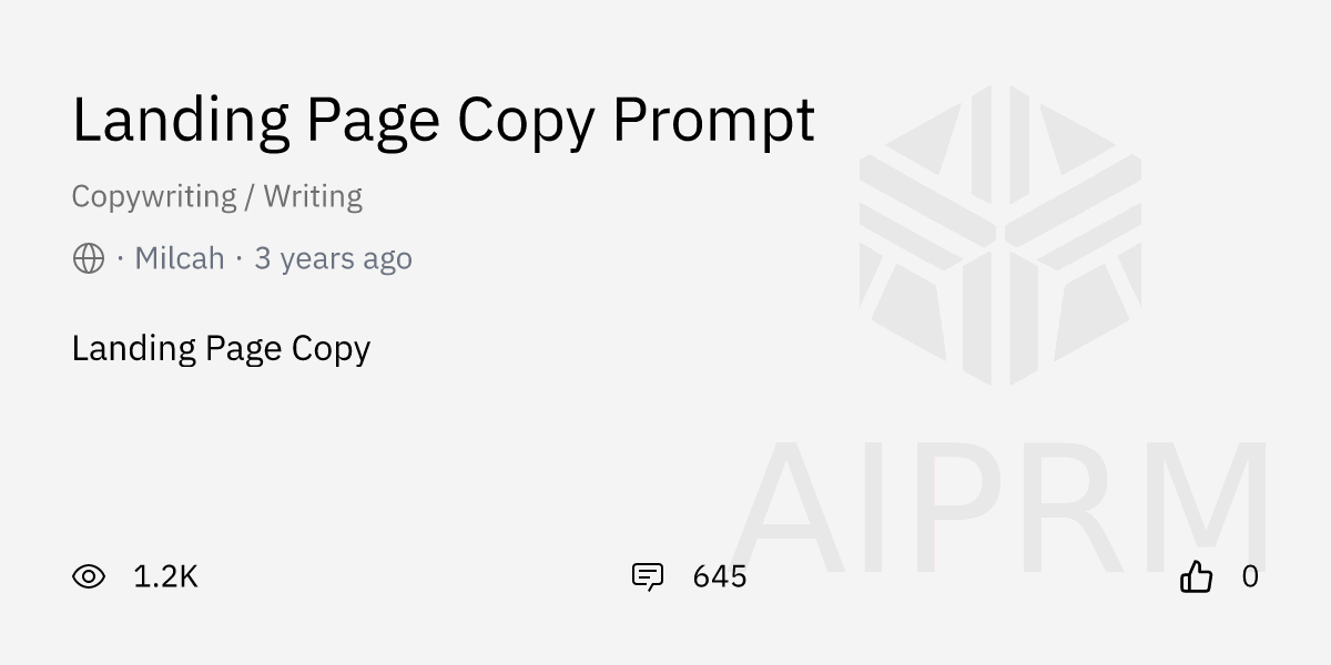 Prompt "Landing Page Copy Prompt" by "Milcah" - AIPRM for ChatGPT