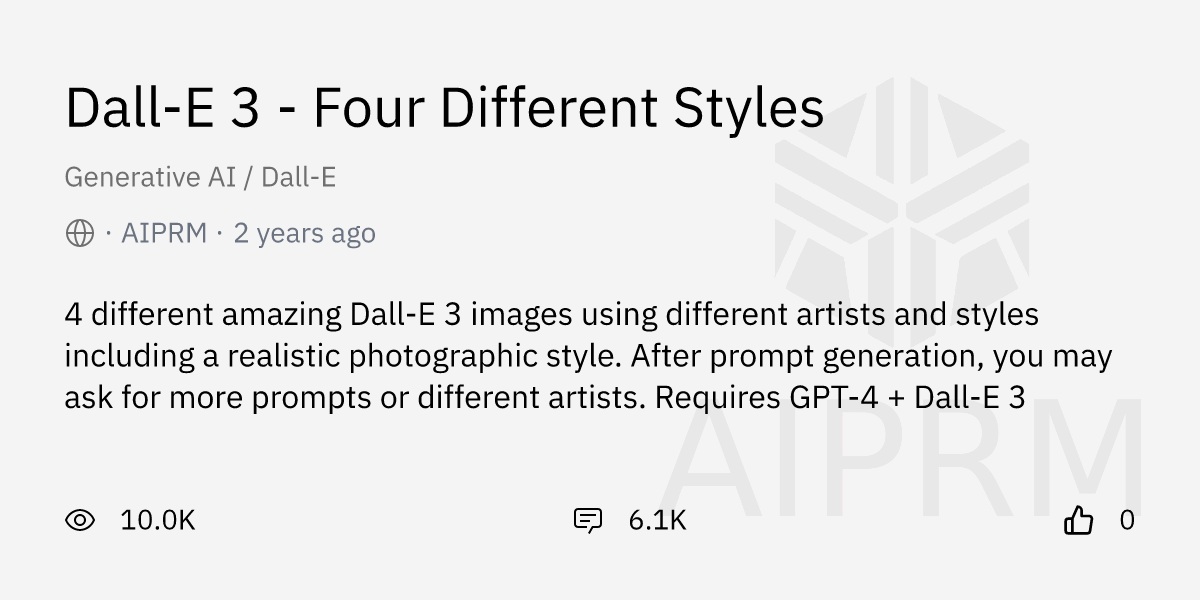 Prompt "Dall-E 3 - Four Different Styles" by "AIPRM" - AIPRM for ChatGPT