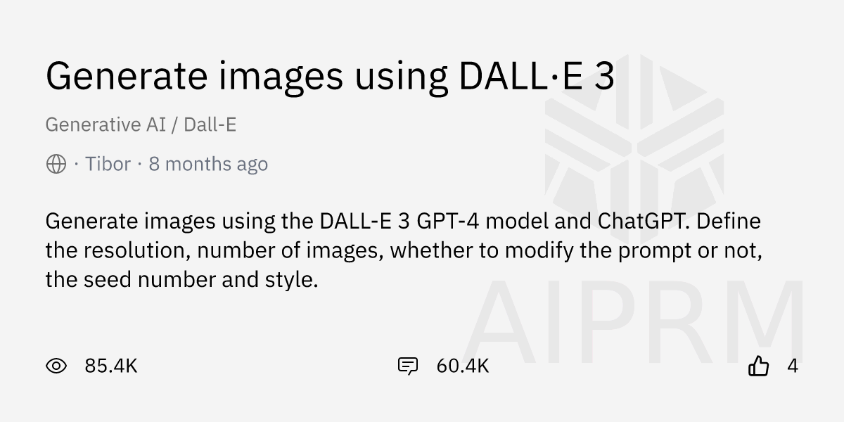 Prompt "Generate images using DALL·E 3" by "Tibor" - AIPRM for ChatGPT
