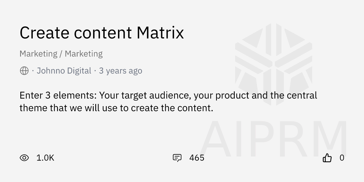 Prompt "Create content Matrix" by "Johnno Digital" - AIPRM for ChatGPT