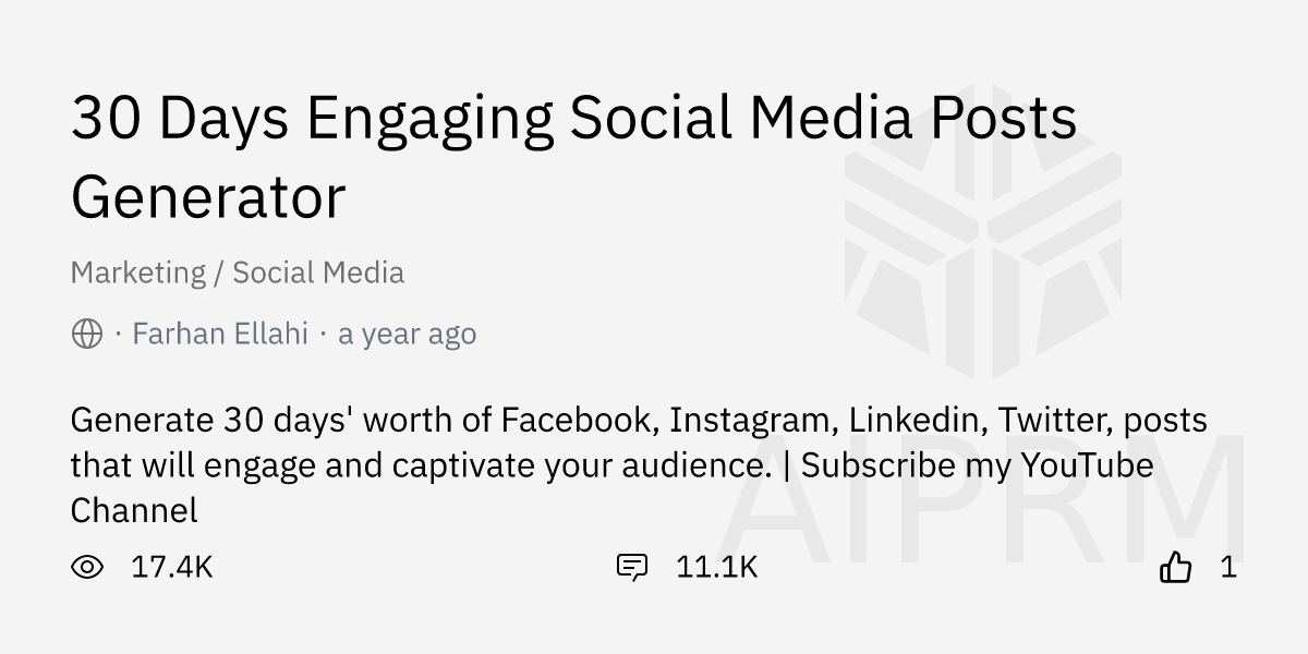 Prompt "30 Days Engaging Social Media Posts Generator" by "Farhan ...